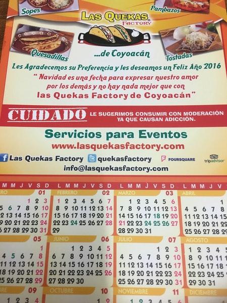 Menu at Las Quekas Factory Bombas restaurant, Mexico City, Calz. De las ...