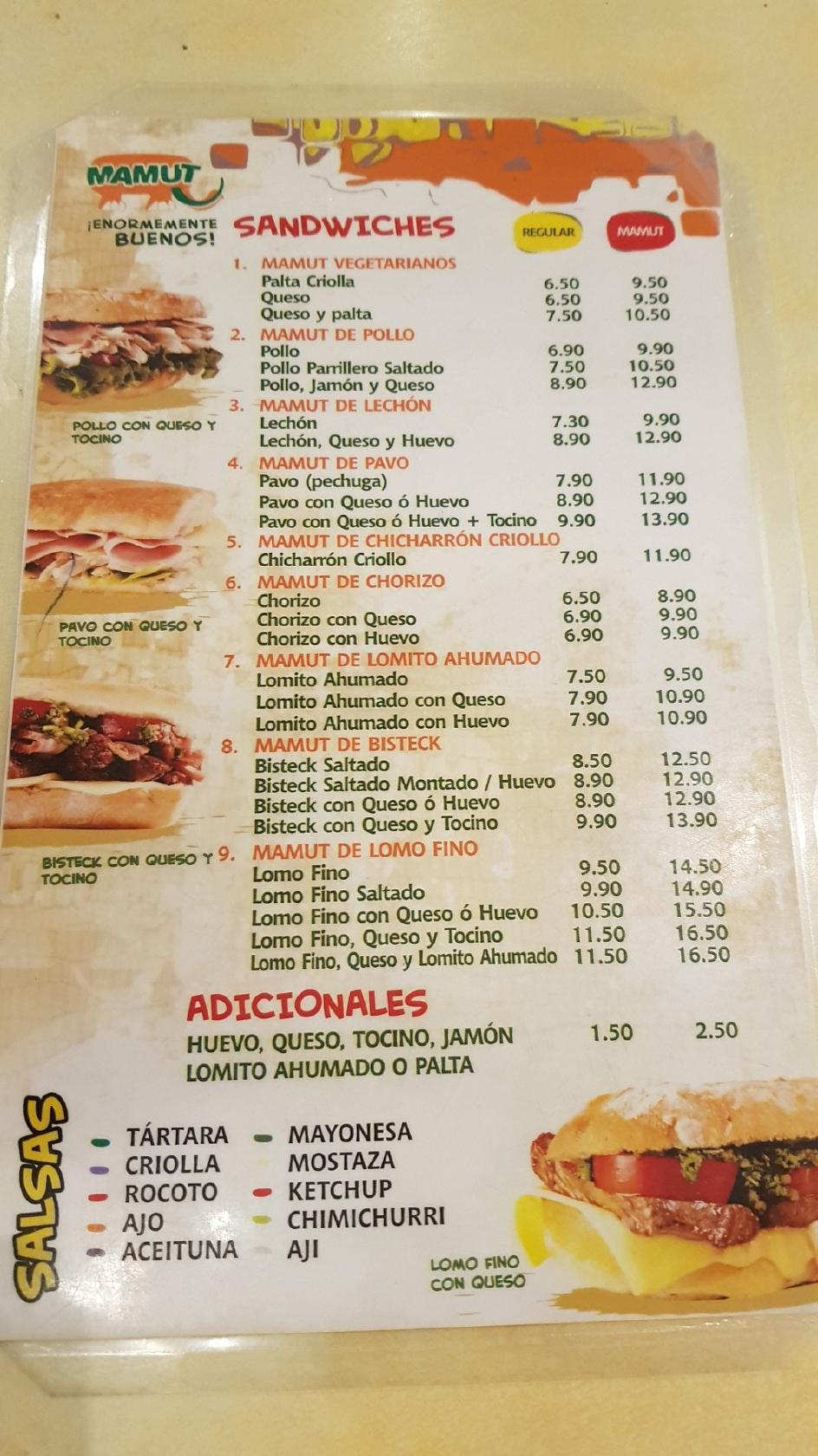 Carta del restaurante Mamut, Arequipa, Mercaderes 108