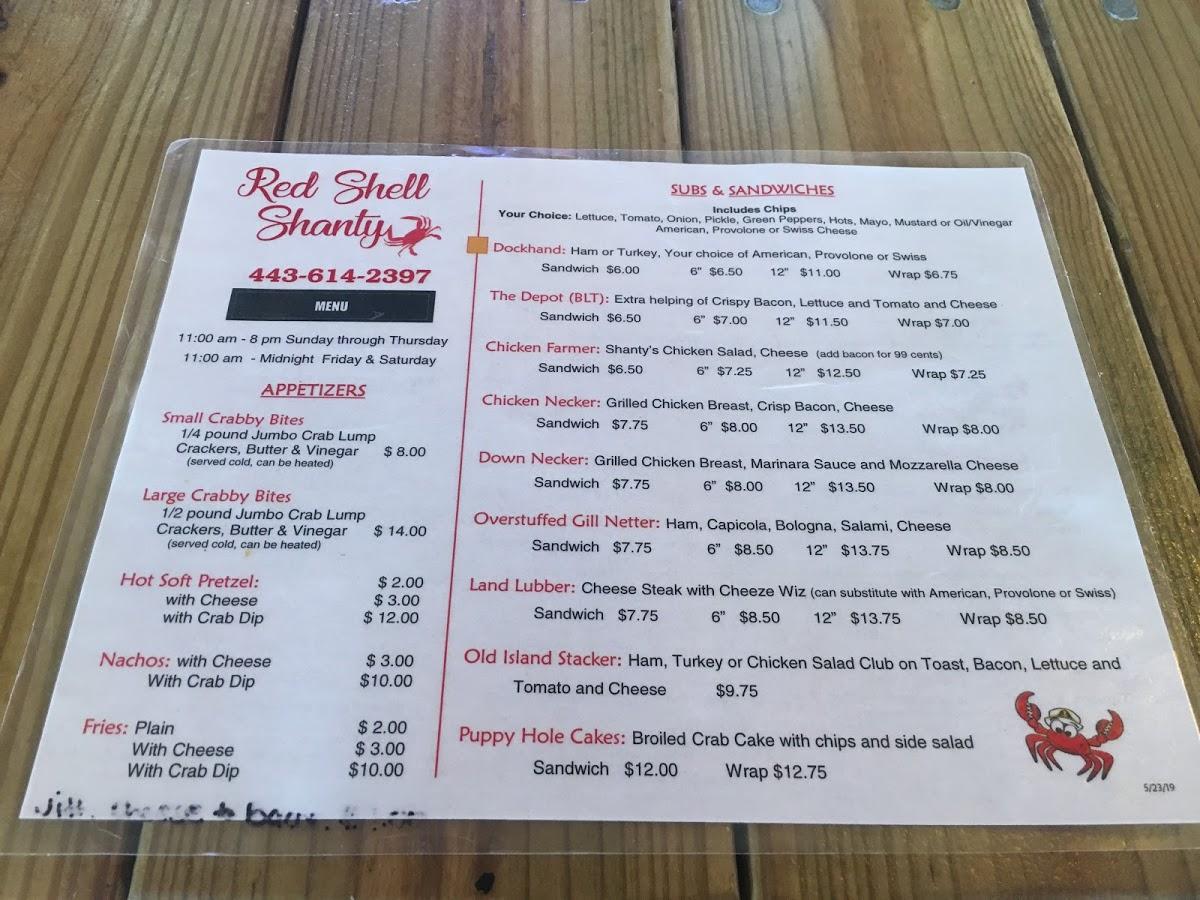 Menu at Red Shell Shanty pub & bar, Crisfield