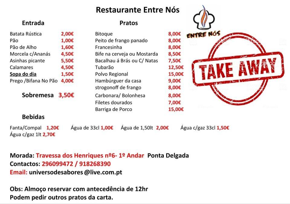 Carta del restaurante Entre nos, Distrito del Ponta Delgada