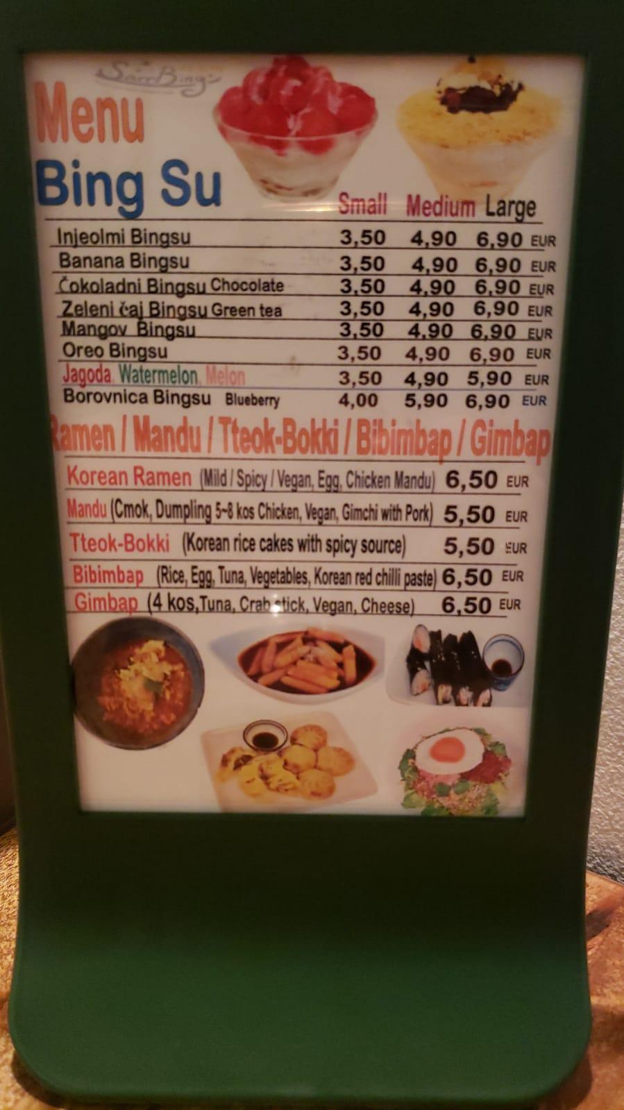 Menu at Sarrbing (Korean Bingsu) restaurant, Ljubljana