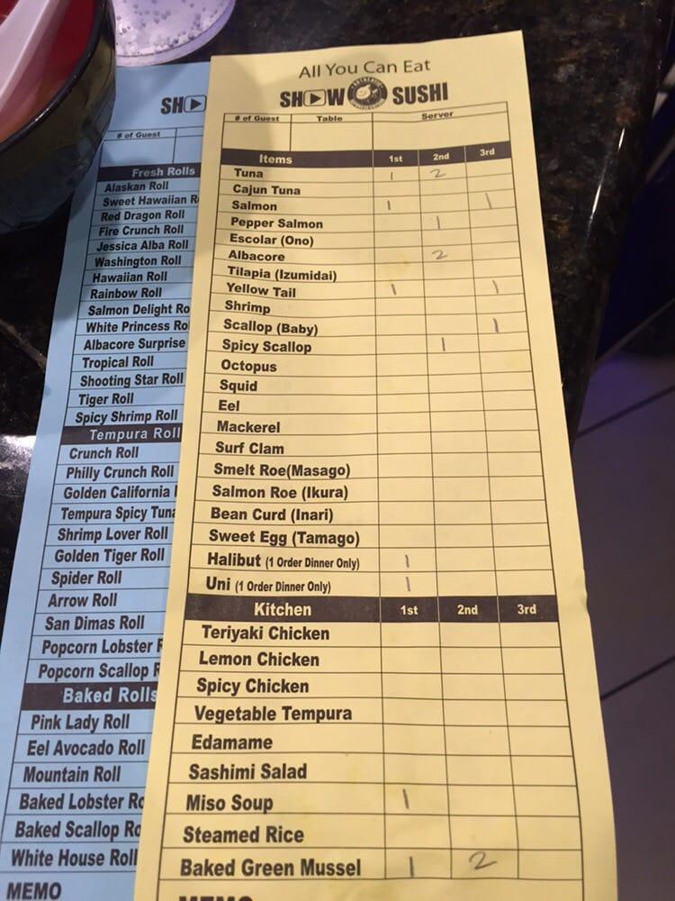 Menu at Show Sushi restaurant, San Dimas