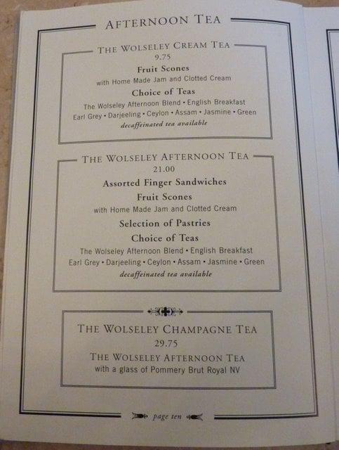 Menu at The Wolseley cafe, London
