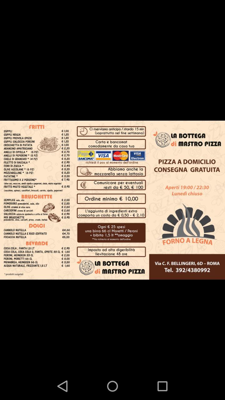 Menu at La Bottega di Mastro Pizza pizzeria, Rome