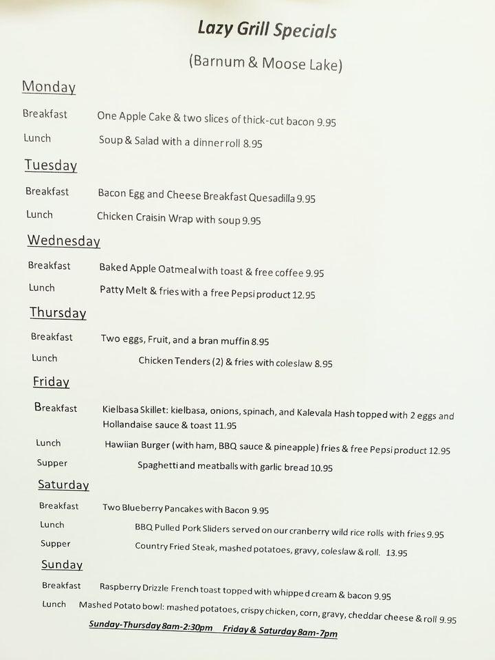 Menu at Lazy Bear Grill restaurant, Barnum