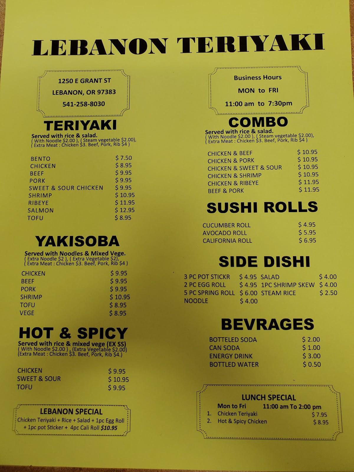 Menu at Lebanon Teriyaki restaurant, Lebanon
