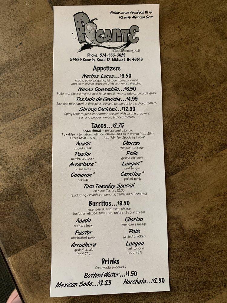 Menu at Picante Mexican Grill restaurant, Elkhart