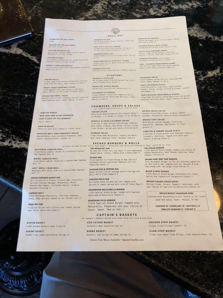 Menu at Speaks Clam Bar - Italian & Seafood - Lakewood Ranch, Bradenton