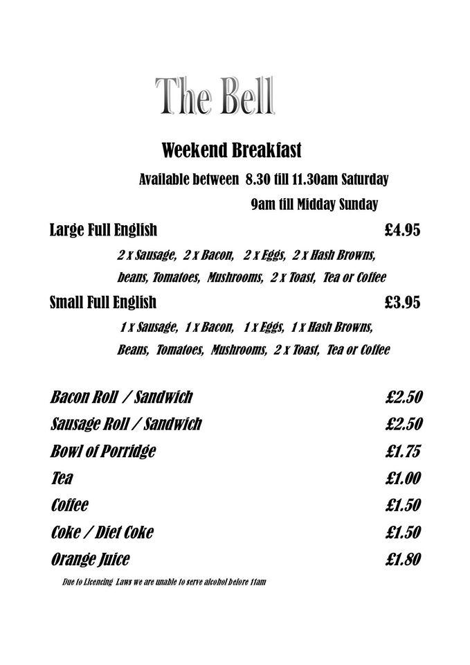 Menu at The Bell pub & bar, Balsham, 2 West Wickham Road