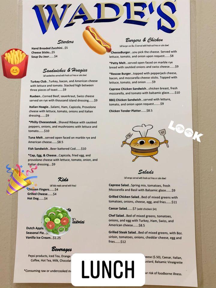 Menu at Wade's breakfast and grille restaurant, Export