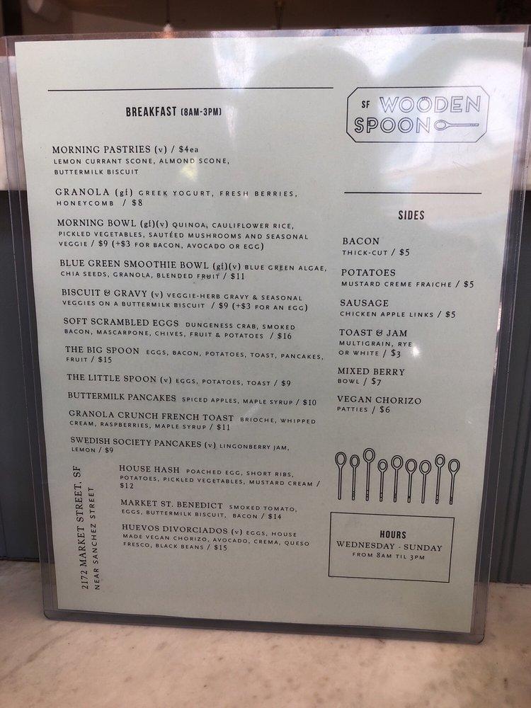 Menu at Wooden Spoon restaurant, San Francisco