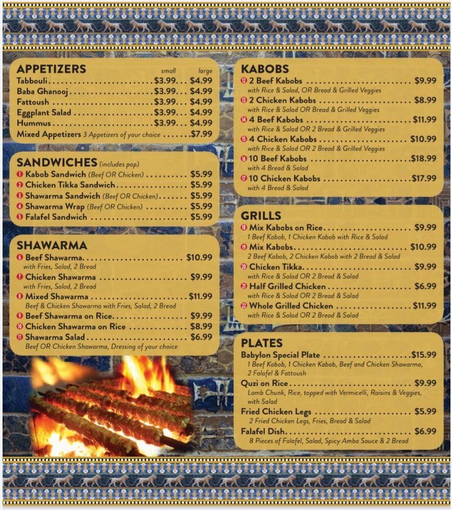 Menu at Babylon restaurant, Harrisonburg