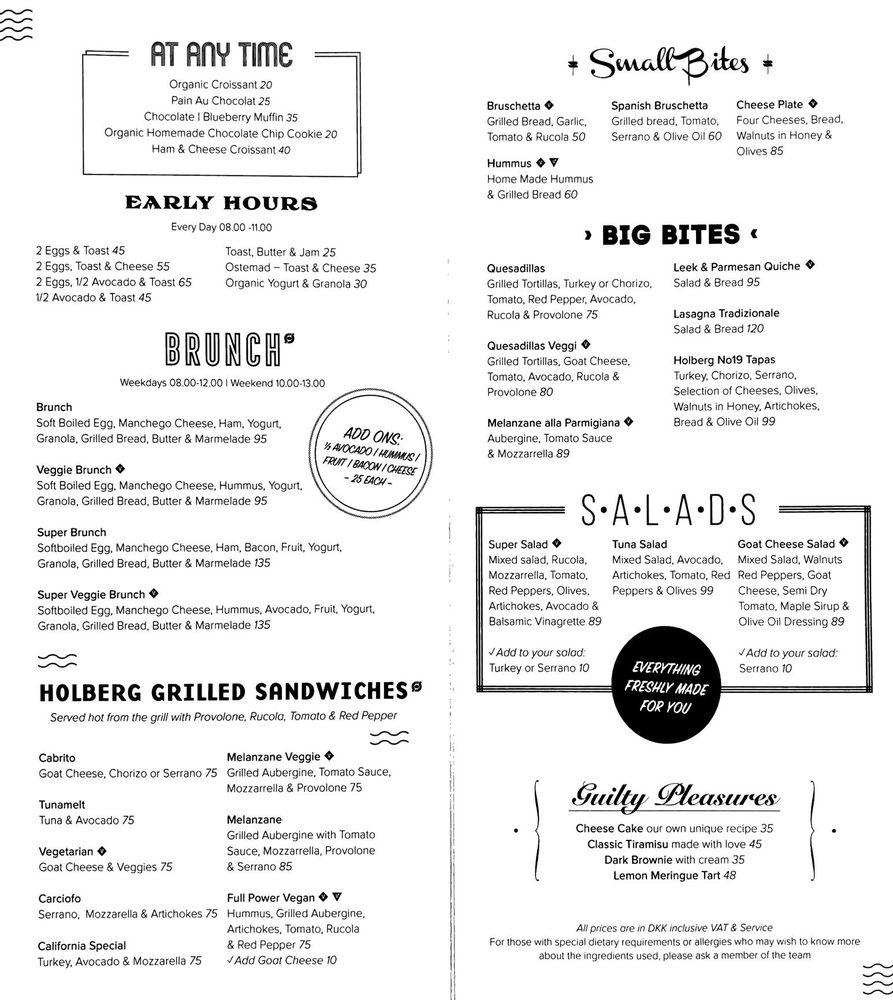 Menu at Holberg no 19 cafe, Copenhagen