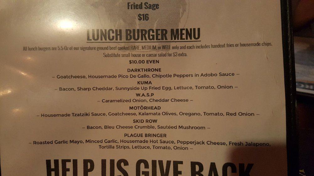 Menu at Kuma's Corner restaurant, Indianapolis
