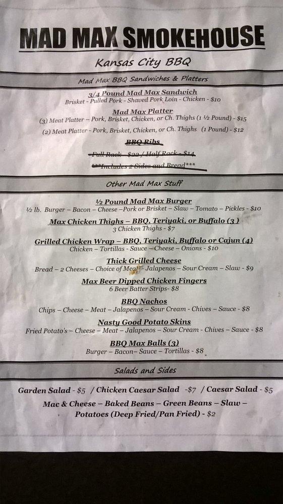 Menu at Mad Max Smokehouse Food Truck BBQ, Zionsville