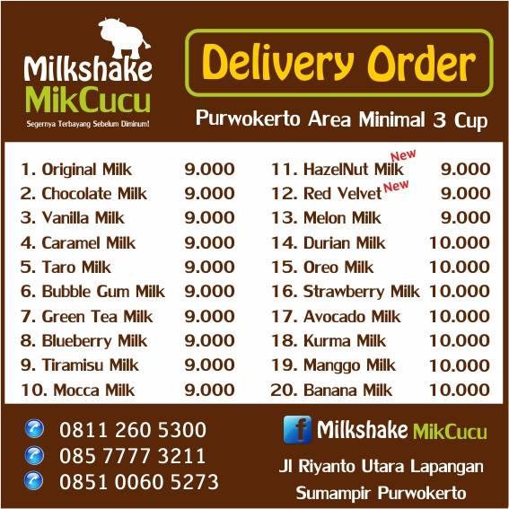Menu at Milkshake MikCucu restaurant, Purwokerto