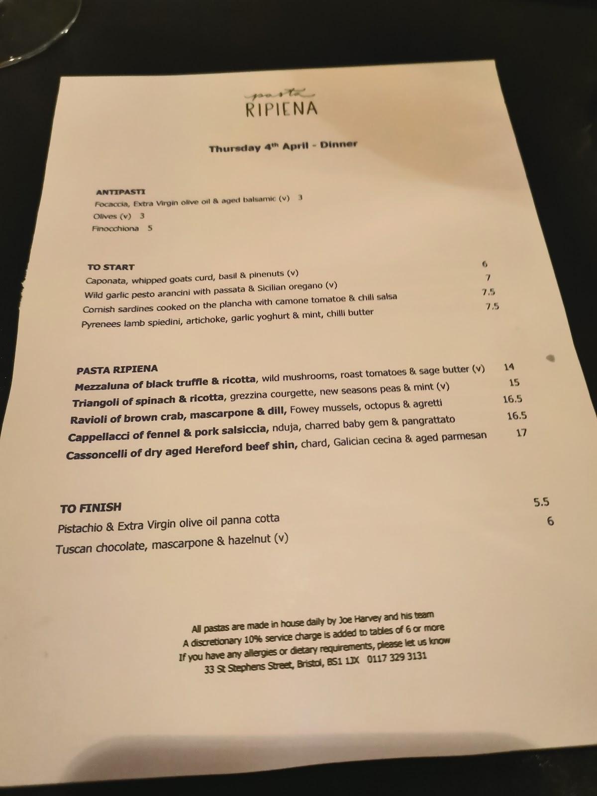 Menu at Pasta Ripiena restaurant, Bristol