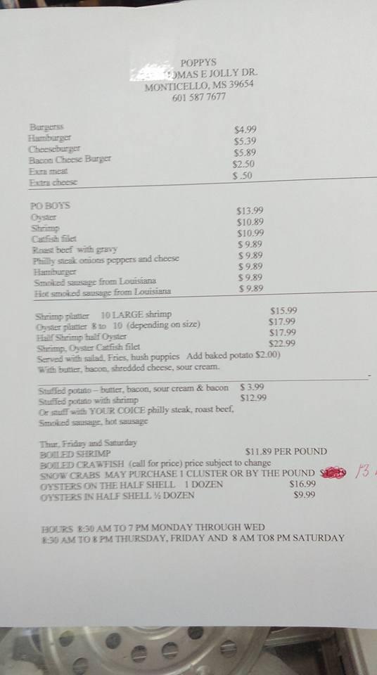 Menu at Poppy's Mini Mart, Monticello