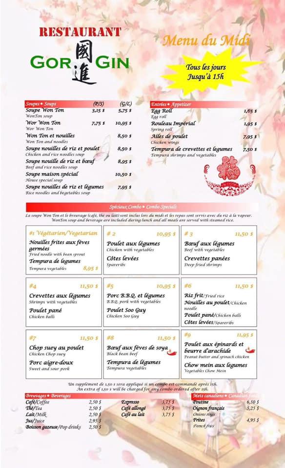 Menu au Restaurant Gorgin, Rimouski, 563 Rue St Germain