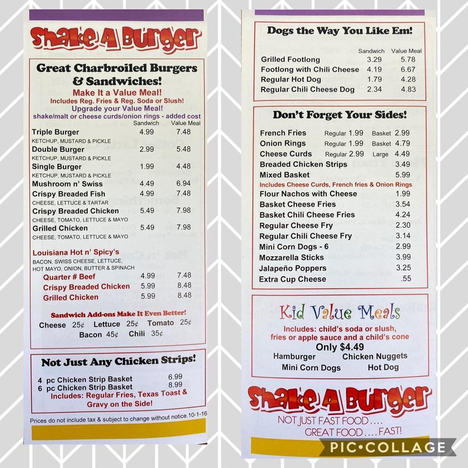 Menu at Shake A Burger fast food, Oconto
