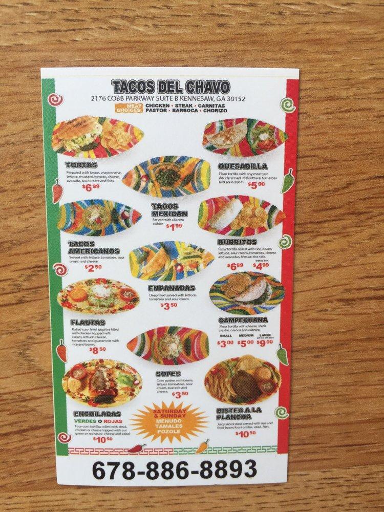 Carta del restaurante Tacos Del Chavo, Kennesaw, Cobb Pathway NW