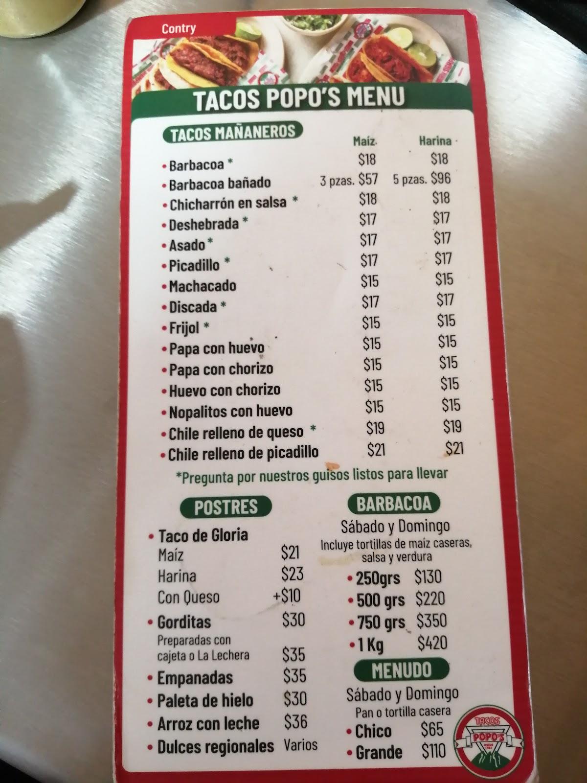 Carta del restaurante Tacos y Tacos Popo's Contry, Monterrey