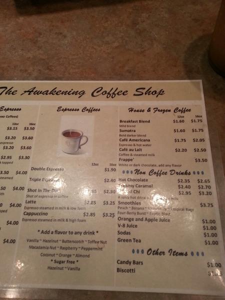 Menu at The Awakening Coffee Shop, Brookshire