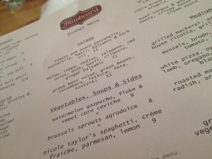Menu at Bluebeard restaurant, Indianapolis
