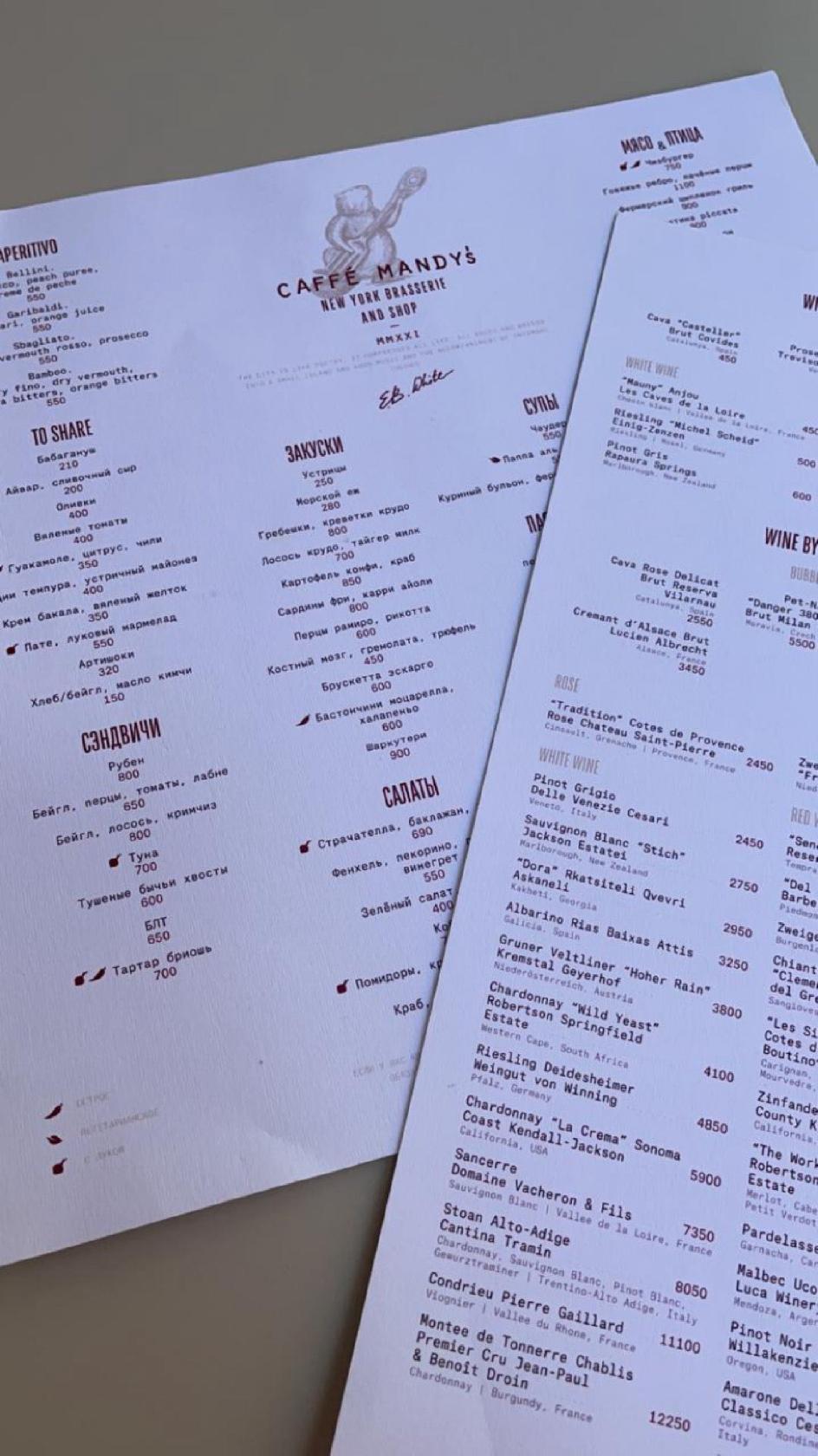 Menu at Caffe Mandy's restaurant, Moscow