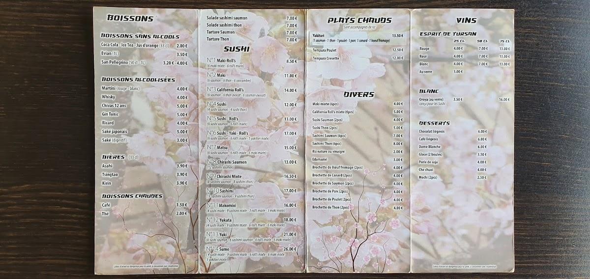 Menu au Hana Yuki Dax restaurant, Dax