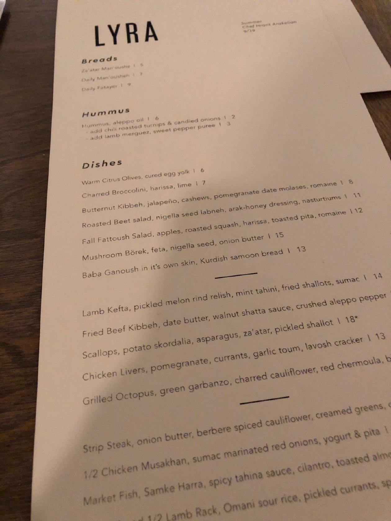 Carta del restaurante Lyra, Nashville