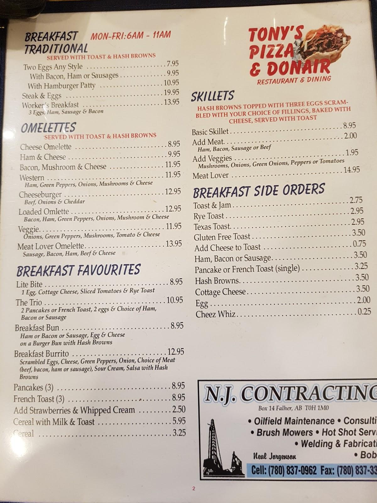 Menu at Tony's Donair restaurant, Falher