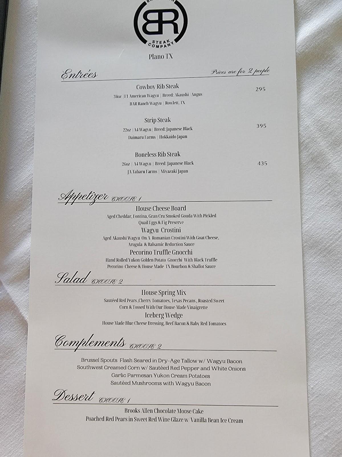 Menu at BAR-Ranch Steak Company, Plano