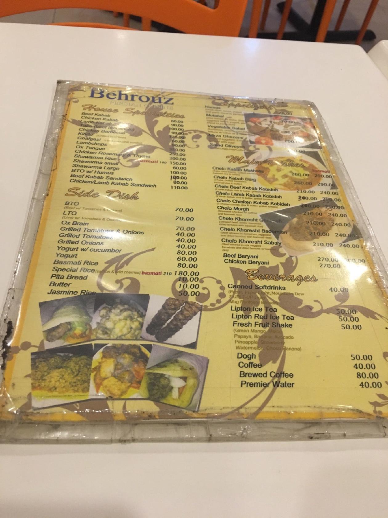 Menu at Behrouz Persian Cuisine restaurant, Quezon City, 50 Sct. Tobias St