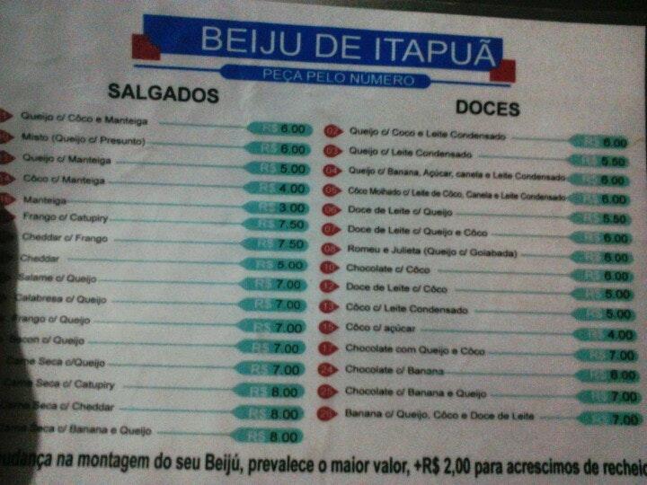 Menu at Beiju de Itapuã, Salvador, R. Prof. Souza Brito