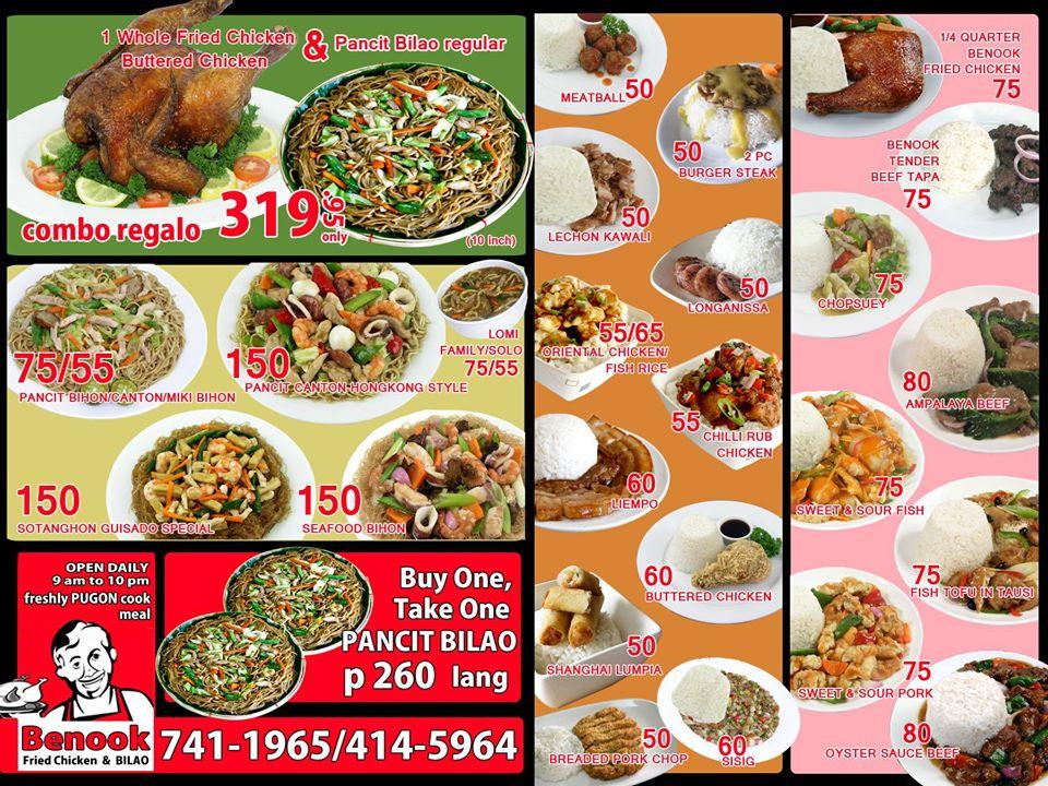 Menu at Benook chicken at bilao restaurant, Quezon City