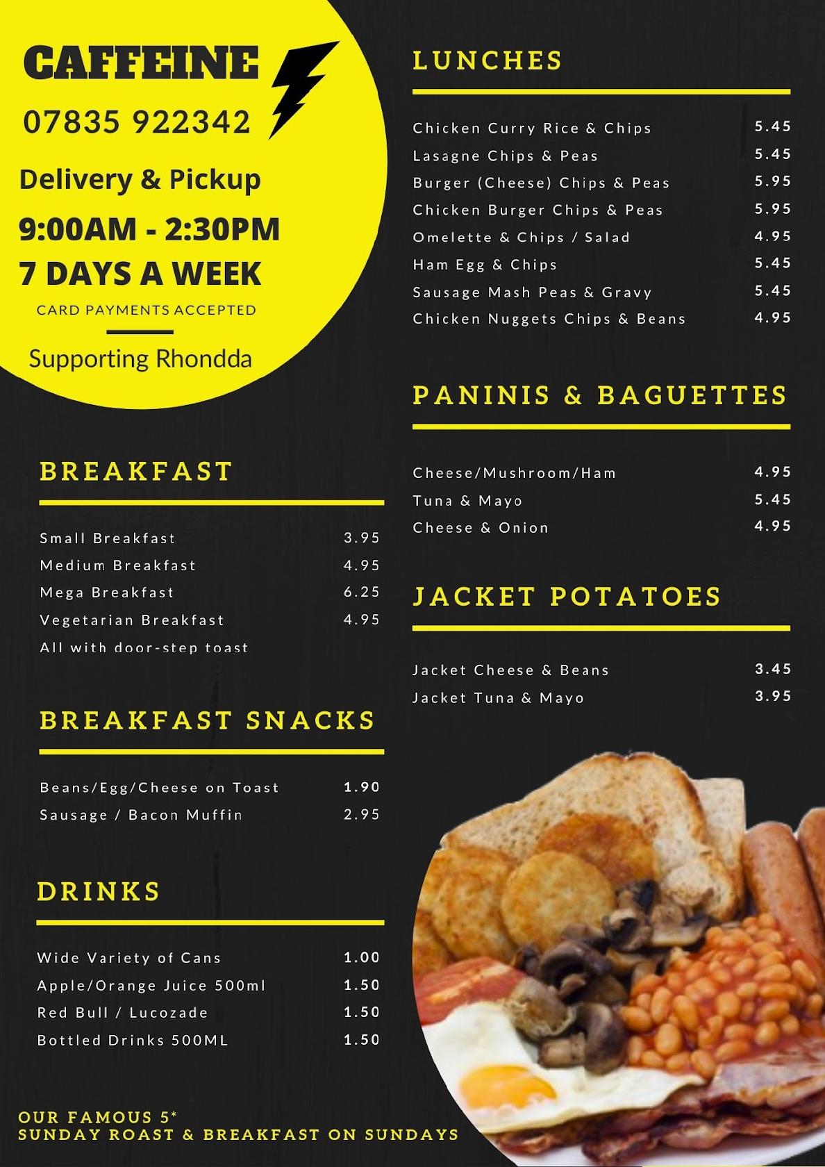 Menu at Caffeine Penygraig cafe, Tonypandy