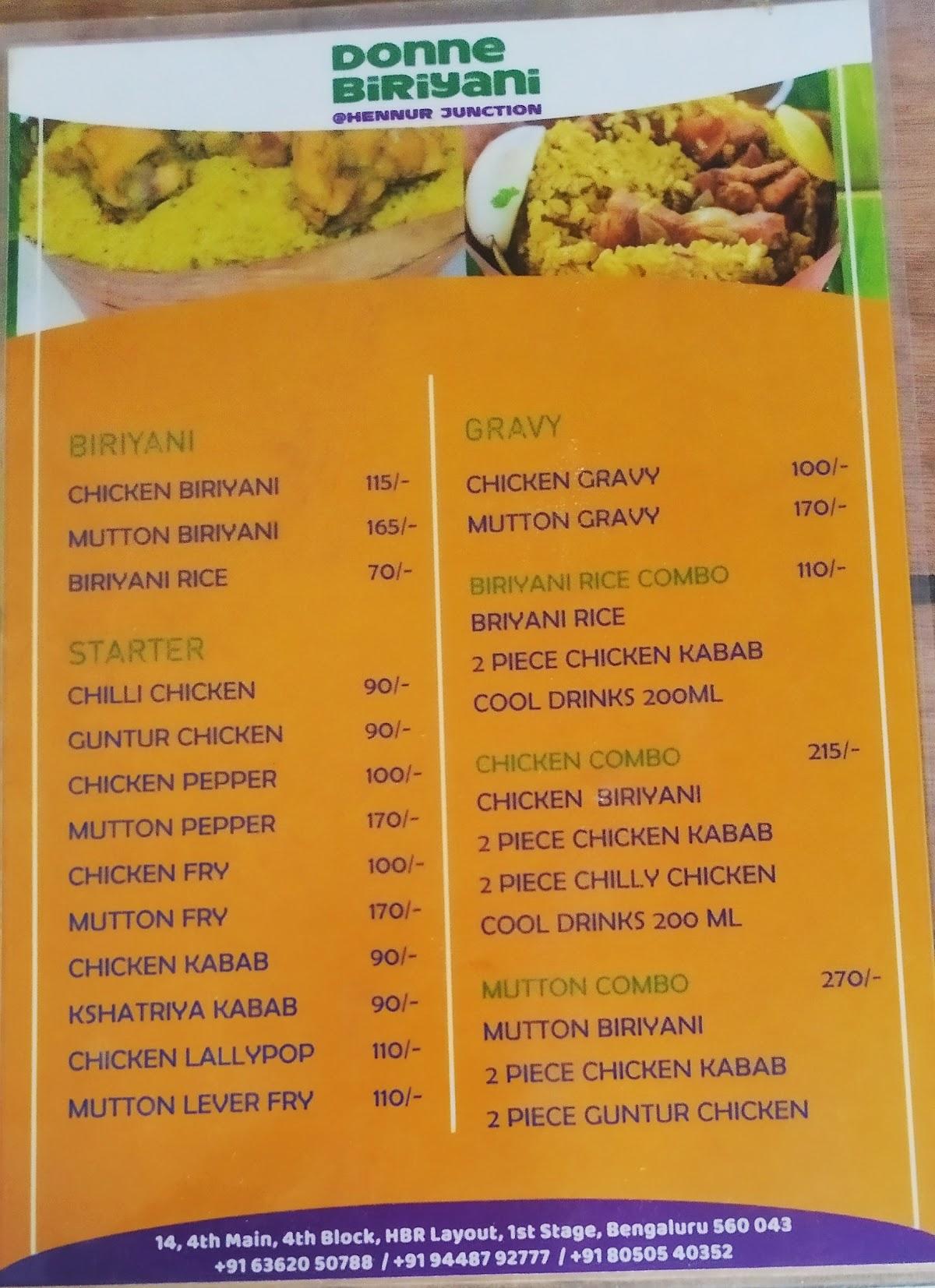 Menu at Hennur Donne Biryani, Bengaluru