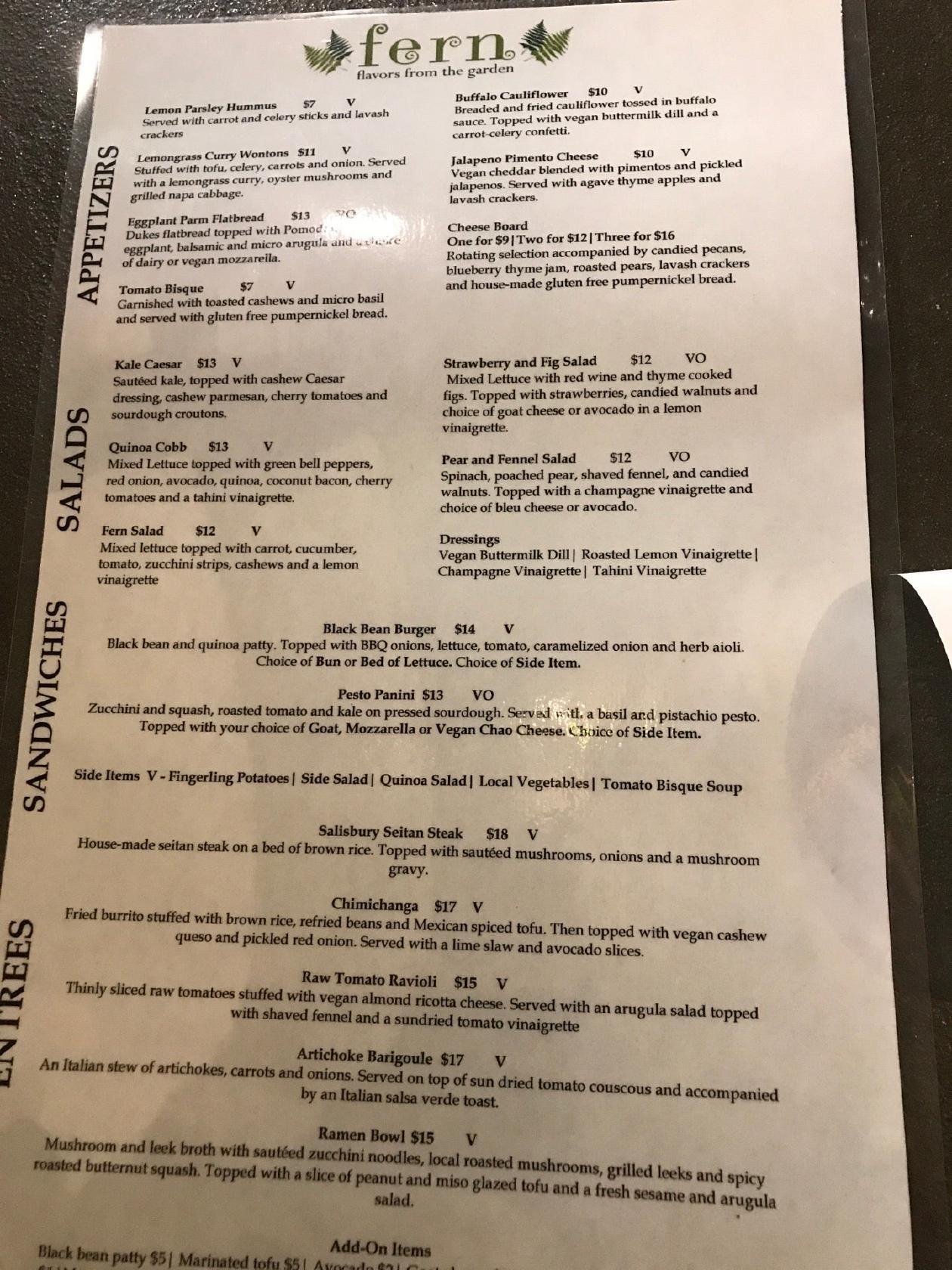 Menu at Fern, Flavors from the Garden restaurant, Charlotte, East Blvd ...
