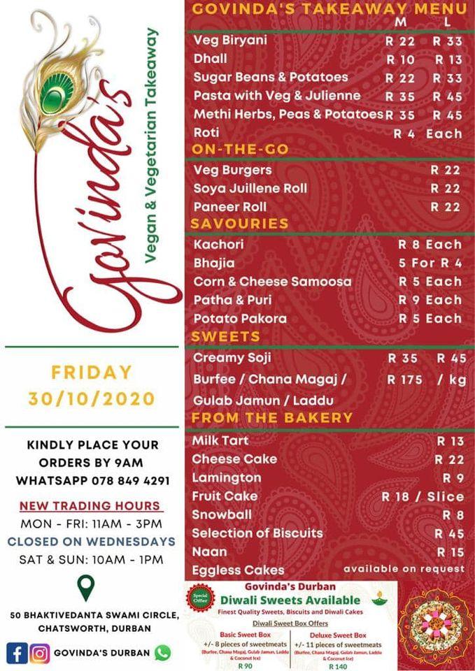Menu at Govinda's Restaurant Durban & Radhanath's Gifts, Chatsworth
