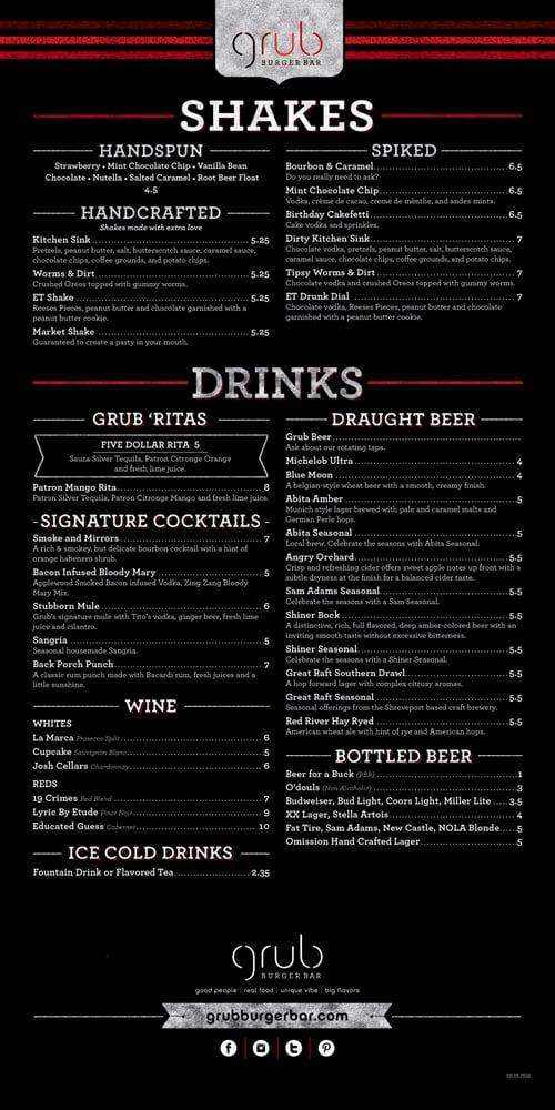 Menu at Grub Burger Bar, Shreveport