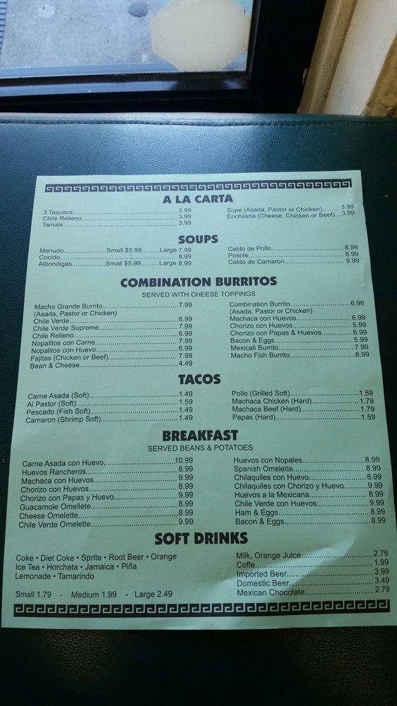 Menu at Macho Cafe Mexican Food, San Gabriel