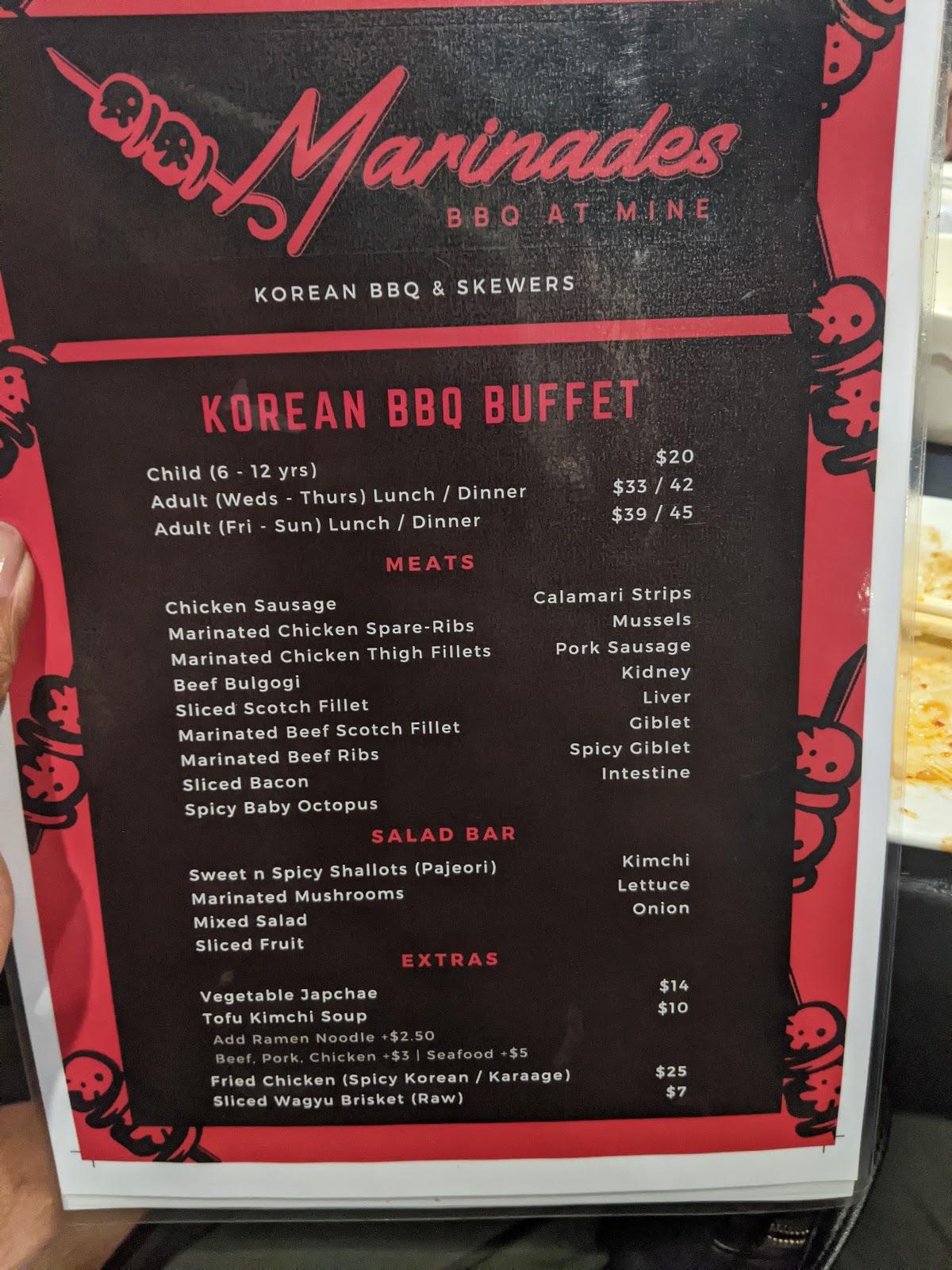 Menu at Marinades BBQ at Mine, Parramatta