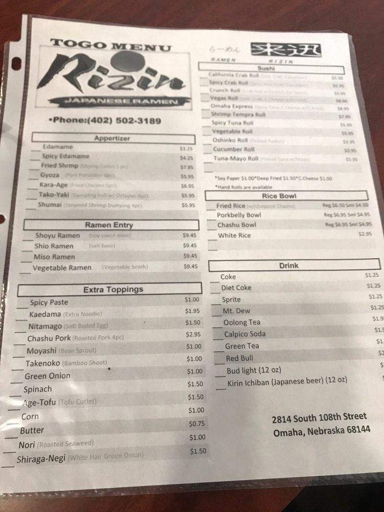 Menu at Rizin Japanese Ramen (来迅 ライジン) restaurant, Omaha