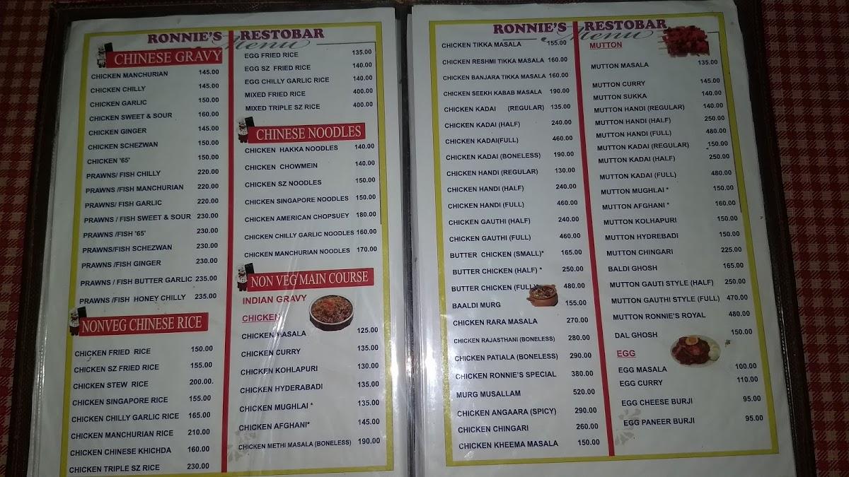 Menu at Ronnie's Restobar, Dahanu