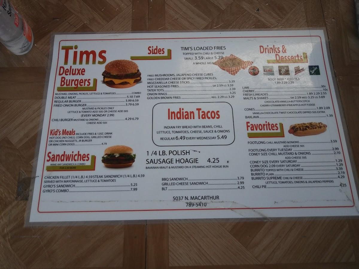 Menu at Tim's Drive Inn fast food, Warr Acres