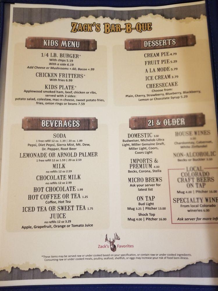 Menu at Zack's BBQ, Hotchkiss