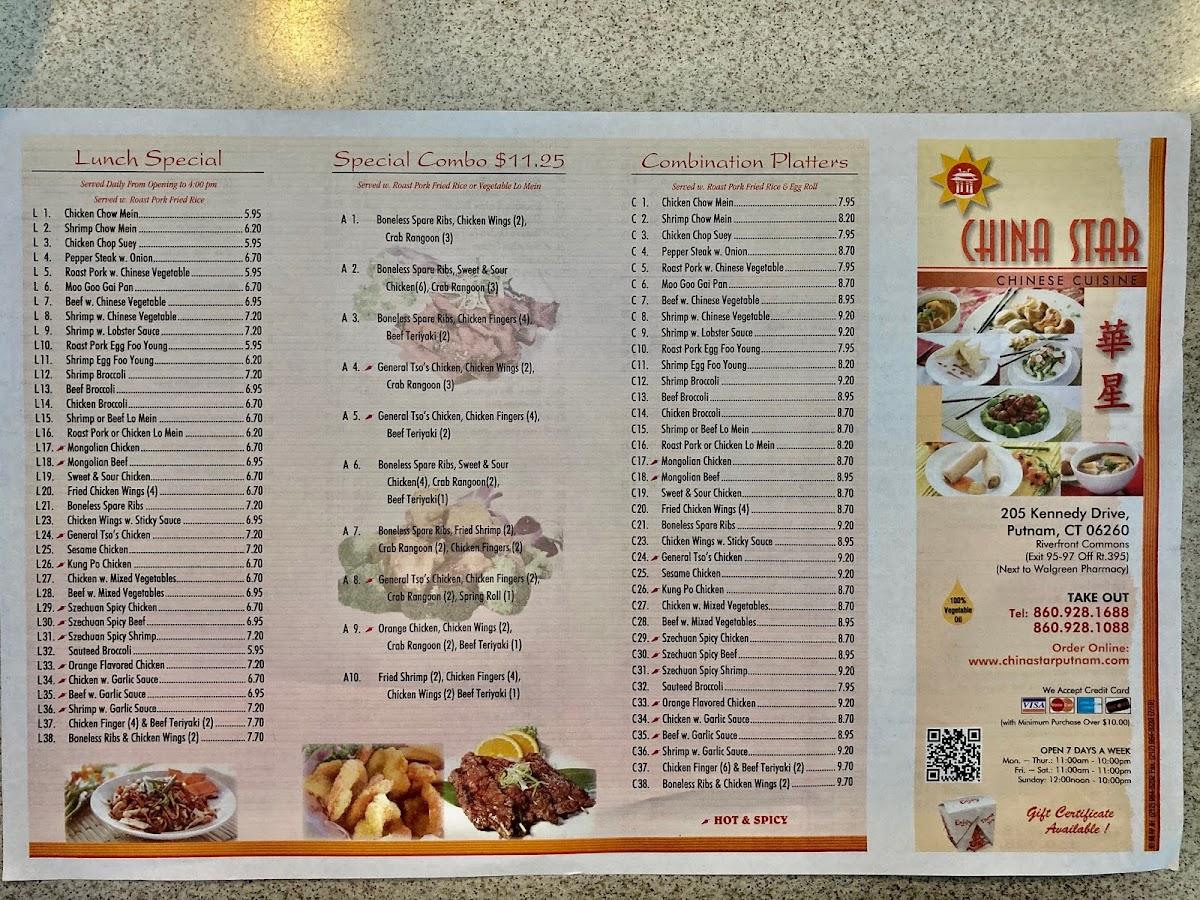 Menu at China Star restaurant, Putnam