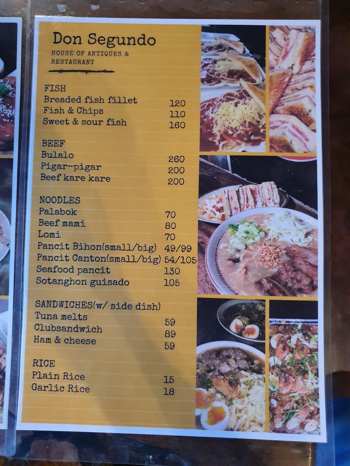 Menu at Don Segundo House of Antiques and Restaurant, Luna