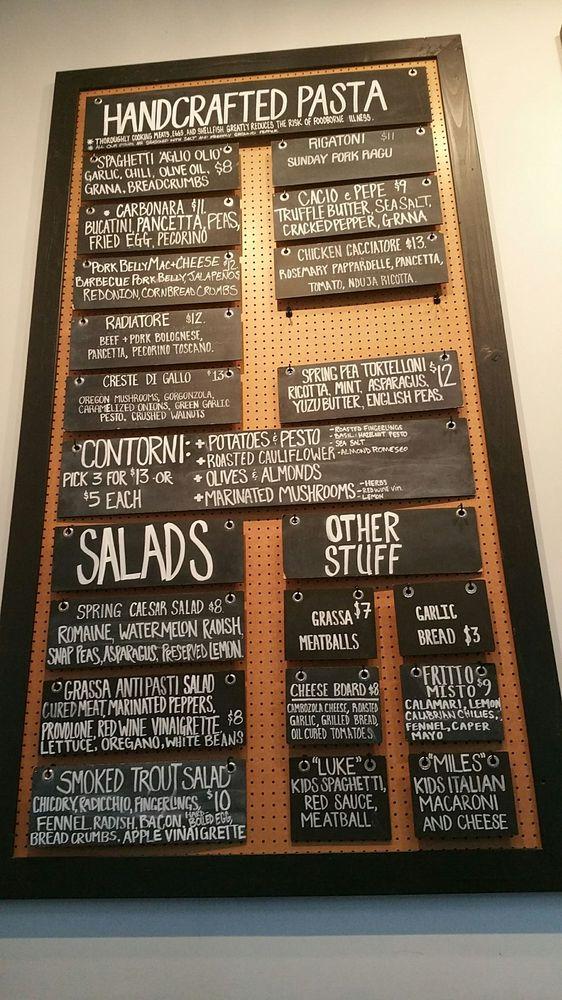 Menu at Grassa restaurant, Portland, SW Washington St